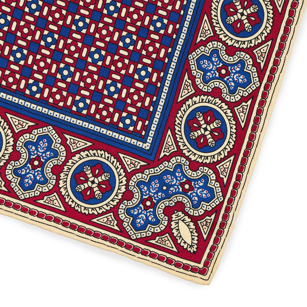 Cream, Red & Navy Medallion Madder Silk Pocket Square – Rampley and Co